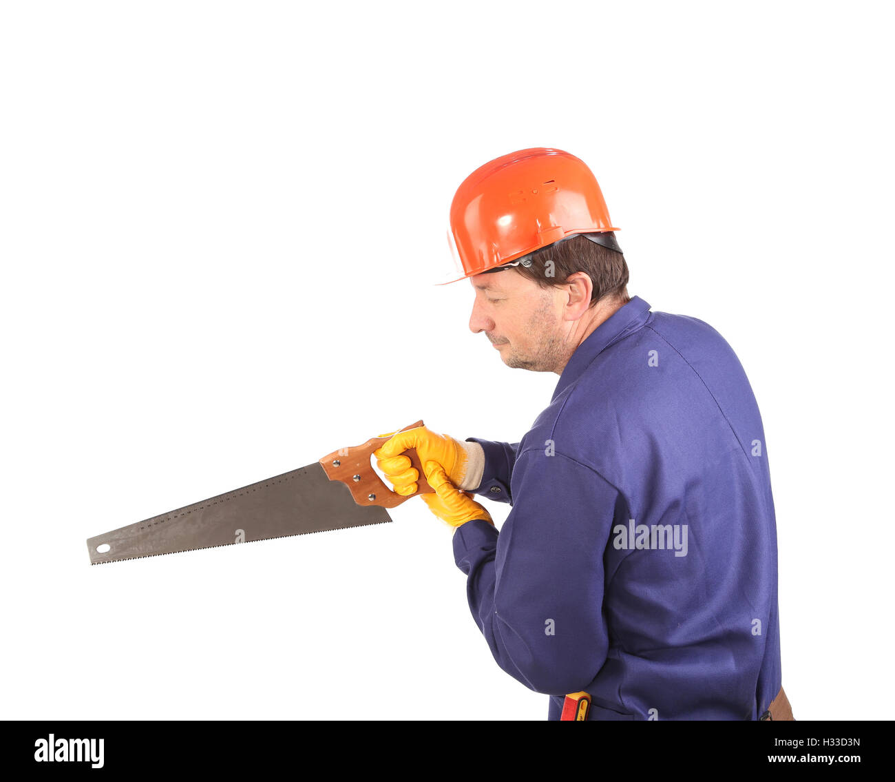 Worker with hand saw Stock Photo - Alamy