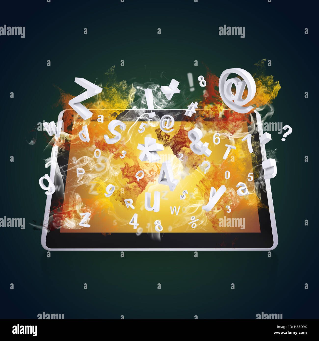 Tablet pc emits letters, numbers and smoke Stock Photo - Alamy