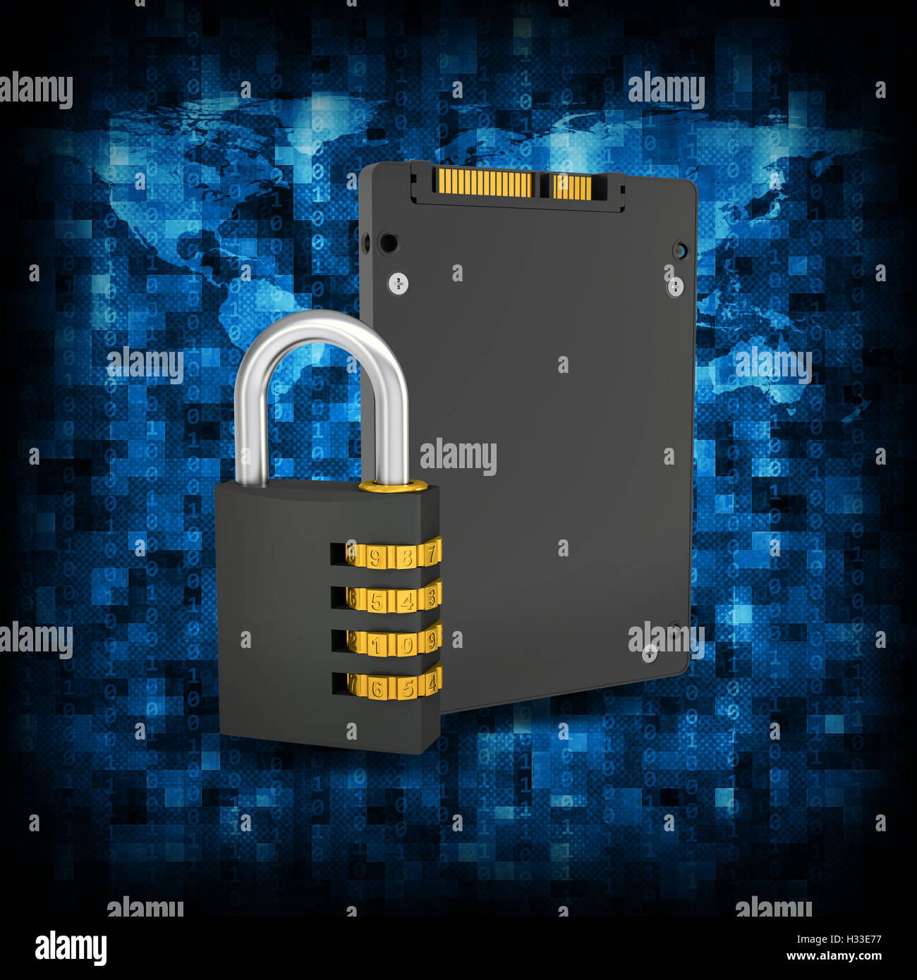 Binary code and SSD with combination lock Stock Photo - Alamy