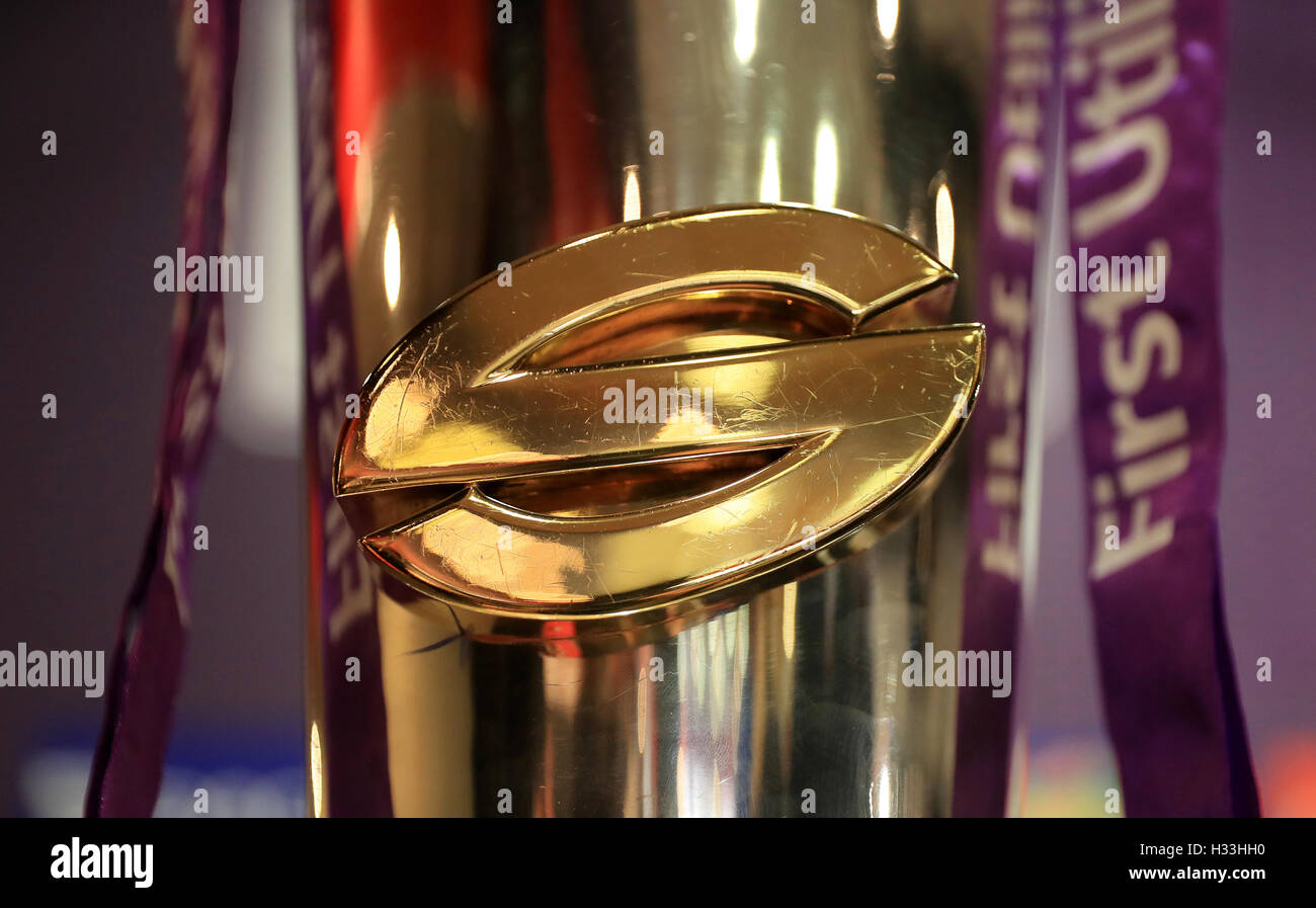 The First Utility Super League trophy during a press conference at Old ...