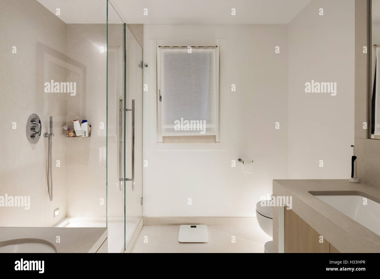 Interior, white modern bathroom, glass box shower Stock Photo - Alamy