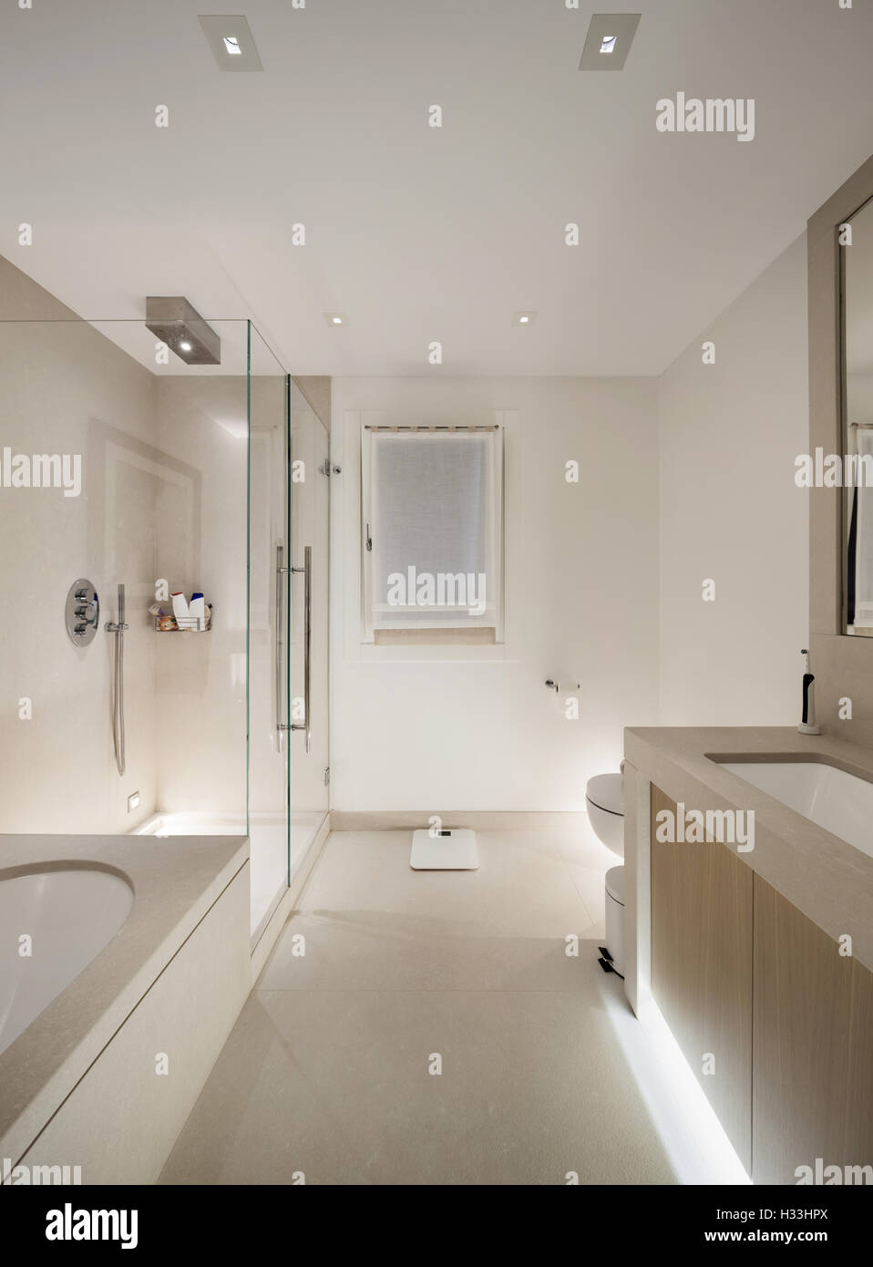 Interior, white modern bathroom, glass box shower Stock Photo - Alamy