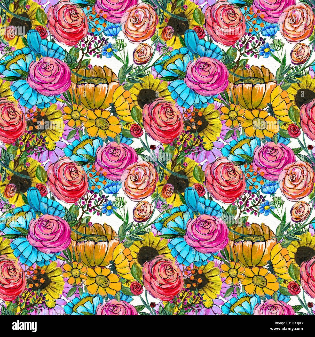 Seamless pattern with blue yellow and pink flowers Stock Photo - Alamy