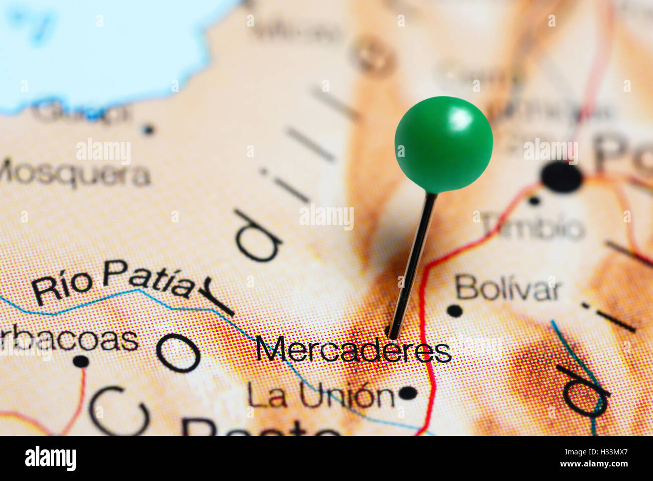 Mercaderes pinned on a map of Colombia Stock Photo - Alamy