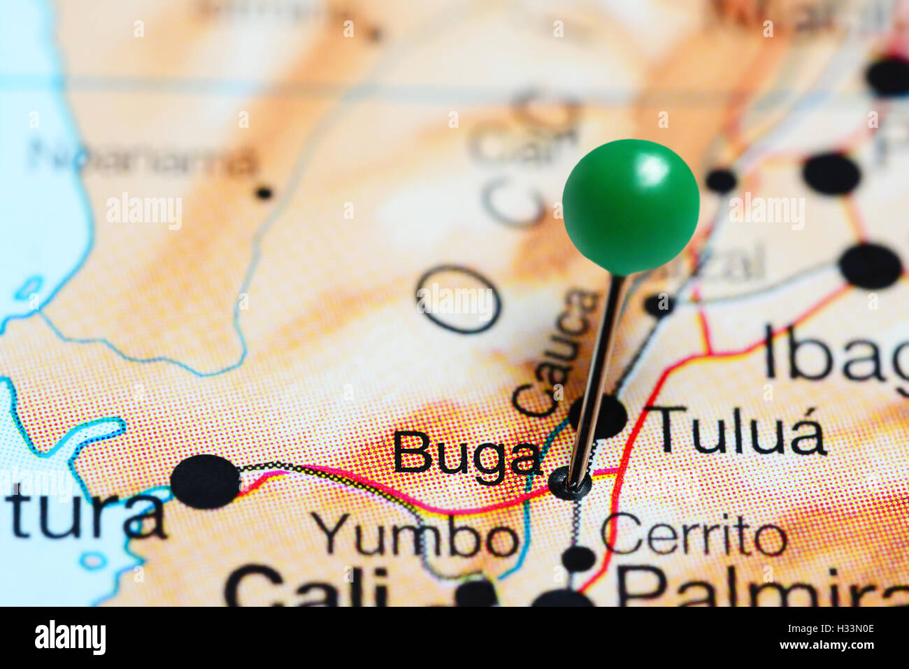 Buga pinned on a map of Colombia Stock Photo - Alamy