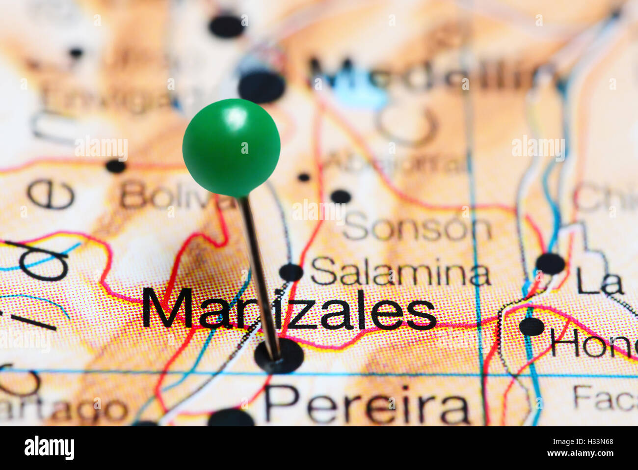 Manizales pinned on a map of Colombia Stock Photo - Alamy