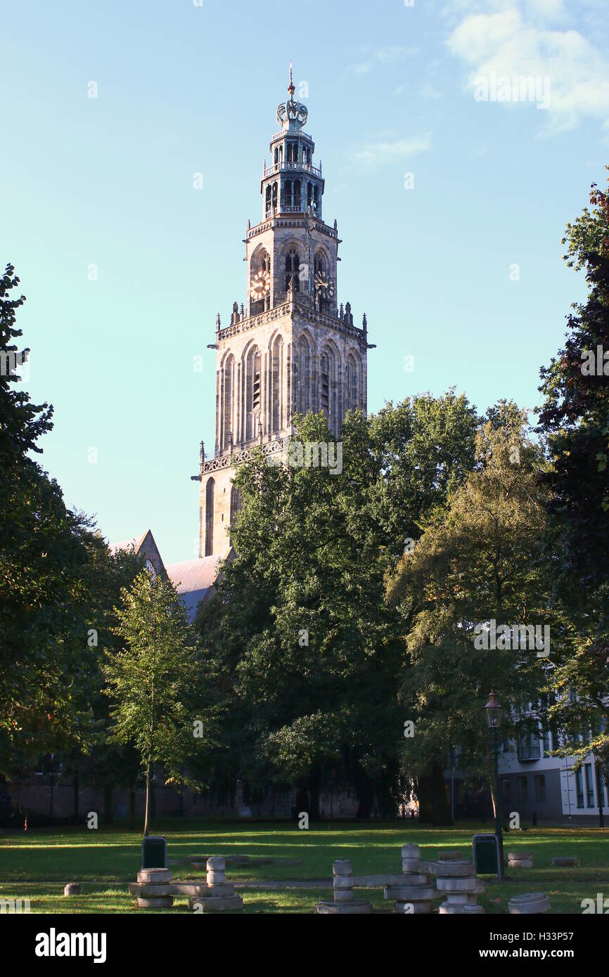 Martinitoren tower seen from Martinikerkhof in late summer, Groningen ...