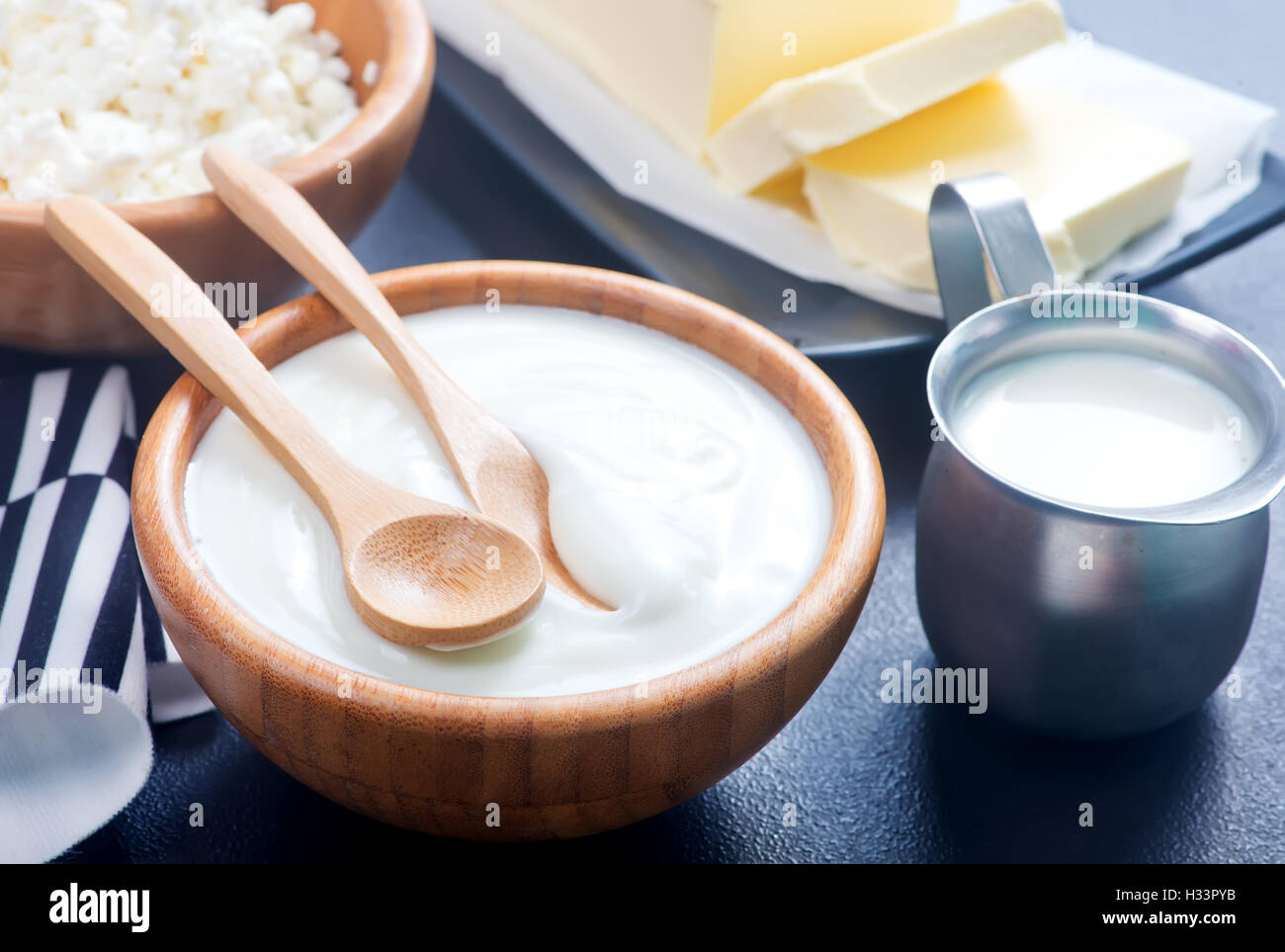 milk products on the black table, butter and milk Stock Photo - Alamy