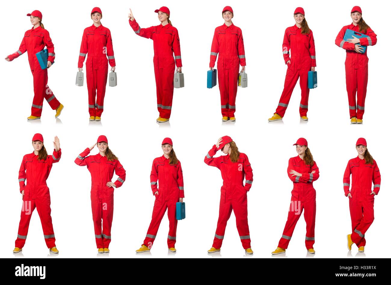 Woman in red overalls isolated on white Stock Photo - Alamy