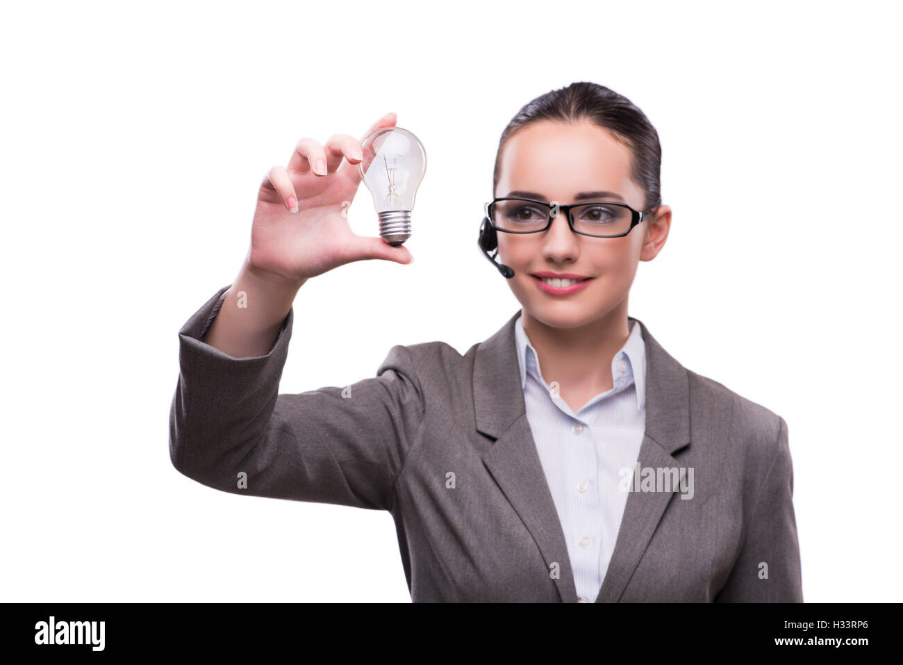 Call center operator with light bulb isolated on white Stock Photo - Alamy