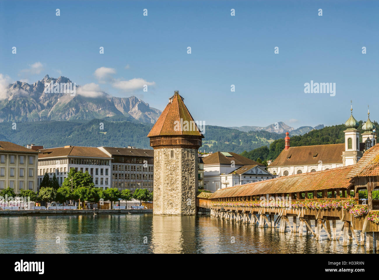 Chapel Bridge (Kapellbruecke) and water tower in Lucerne, with Mt ...