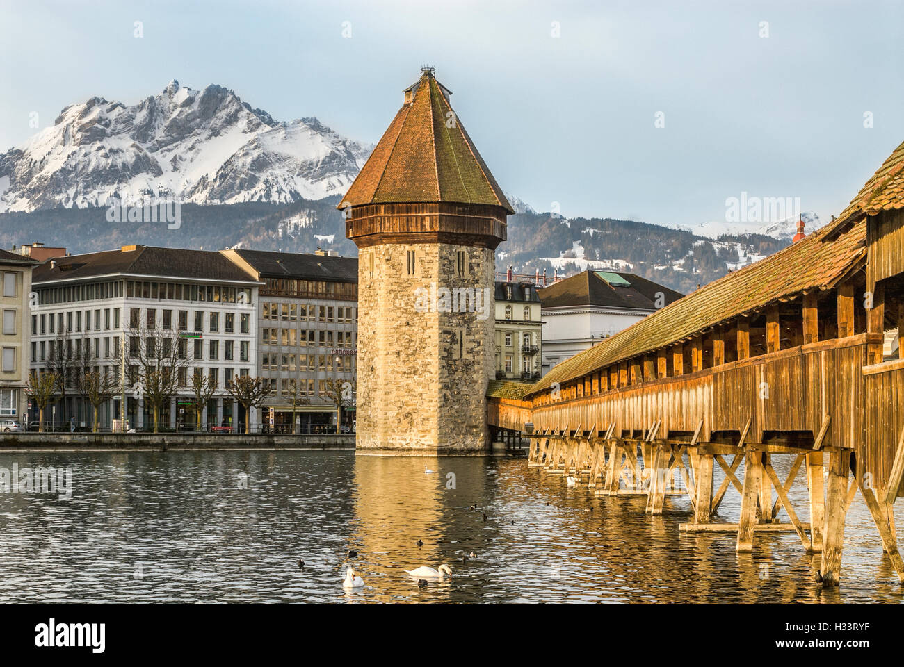 Historical Chapel Bridge (Kapellbruecke) and water tower in Lucerne ...