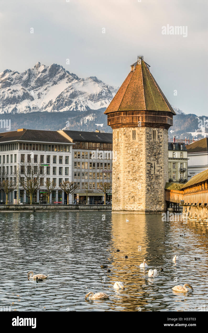 Chapel Bridge (Kapellbruecke) and water tower in Lucerne, with Mt ...
