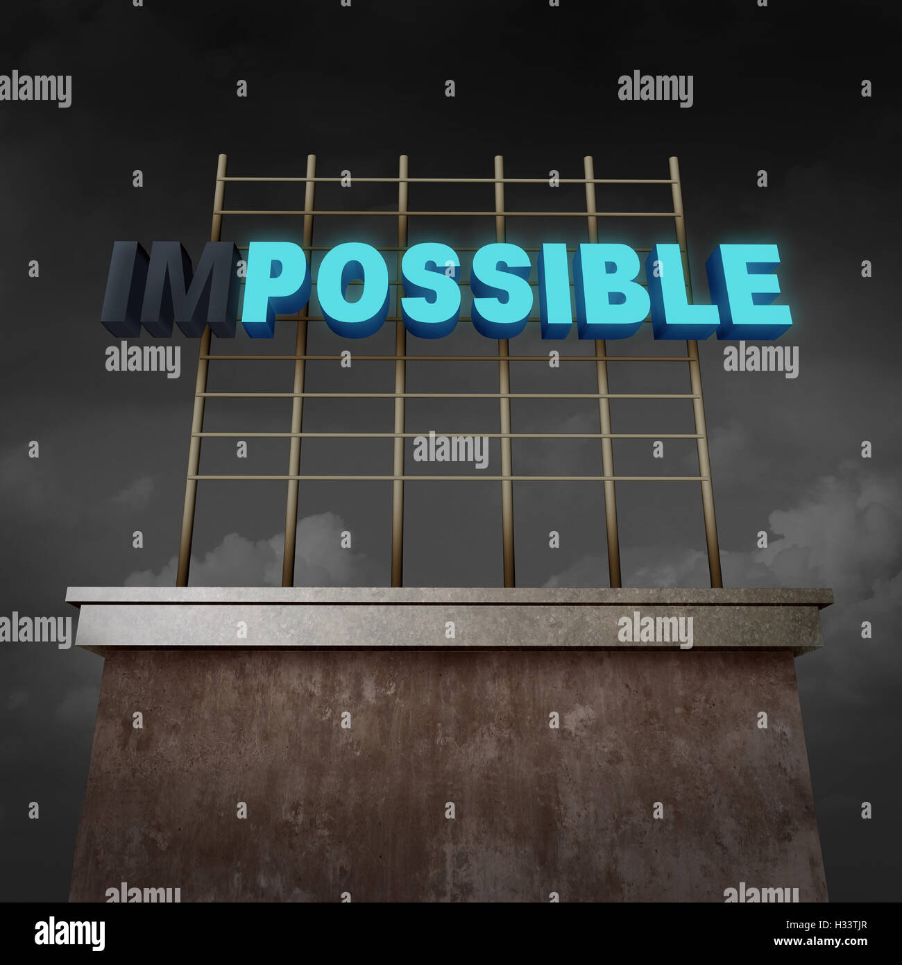 Impossible to possible concept as an illuminated billboard text sign ...