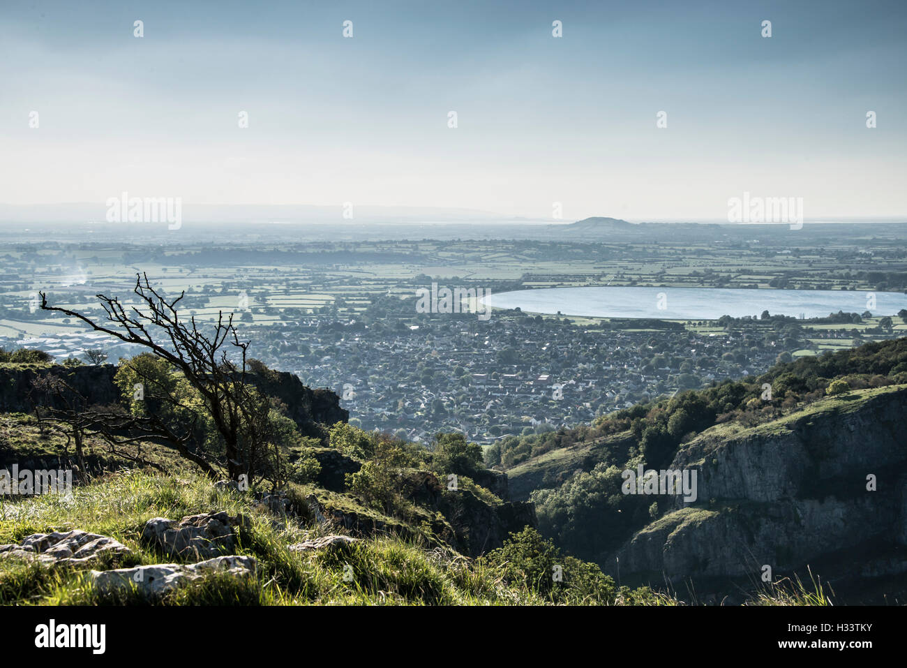 View of Cheddar reservoir and Cheddar village from the top of Cheddar ...