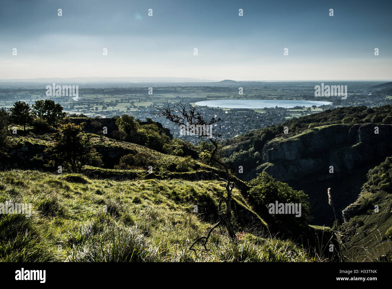 View of Cheddar and Cheddar reservoir from the top of Cheddar Gorge ...