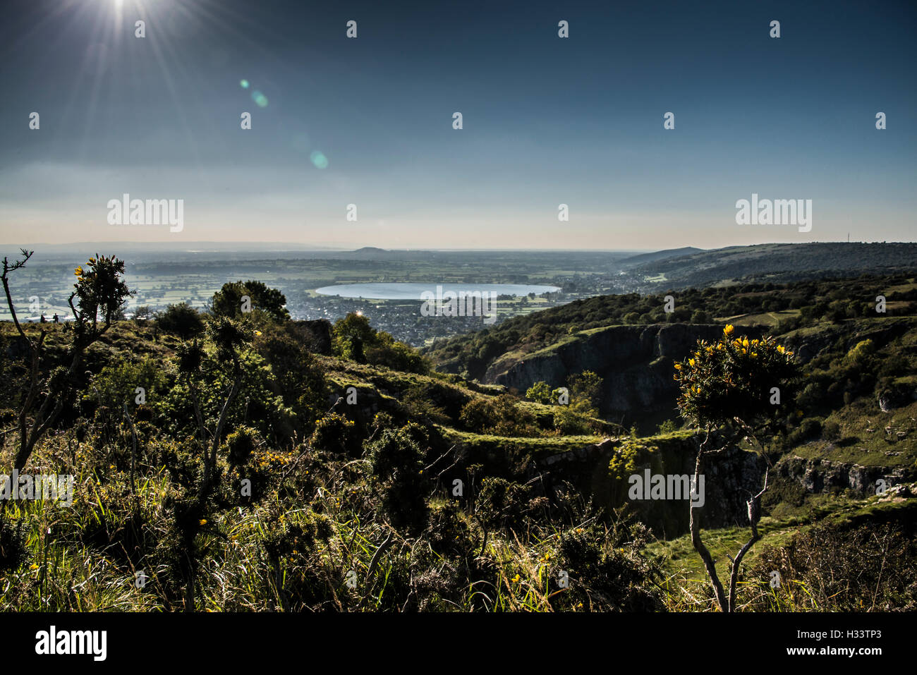 View of Cheddar and Cheddar reservoir from the top of Cheddar Gorge ...
