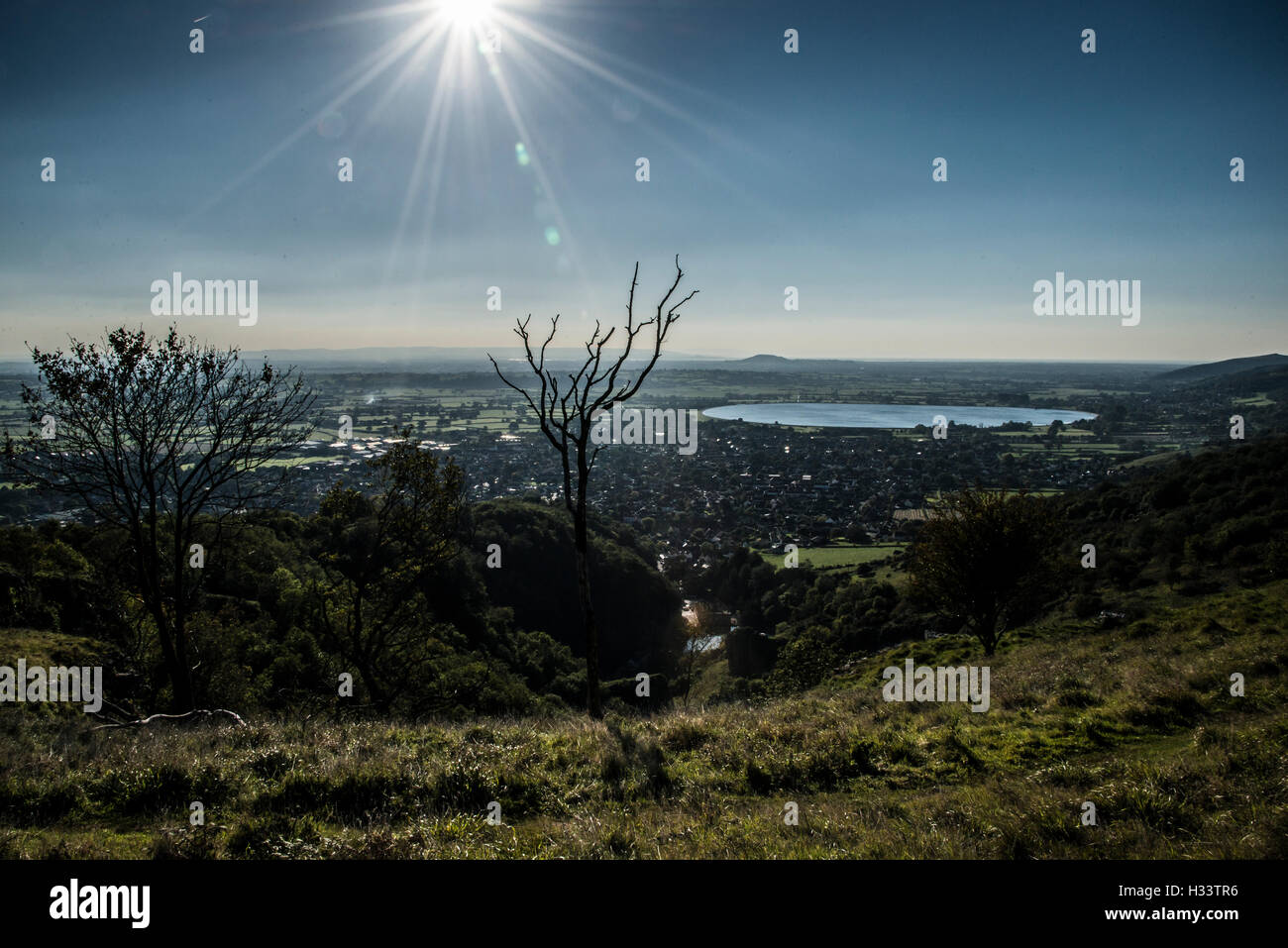View of Cheddar and Cheddar reservoir from the top of Cheddar Gorge ...