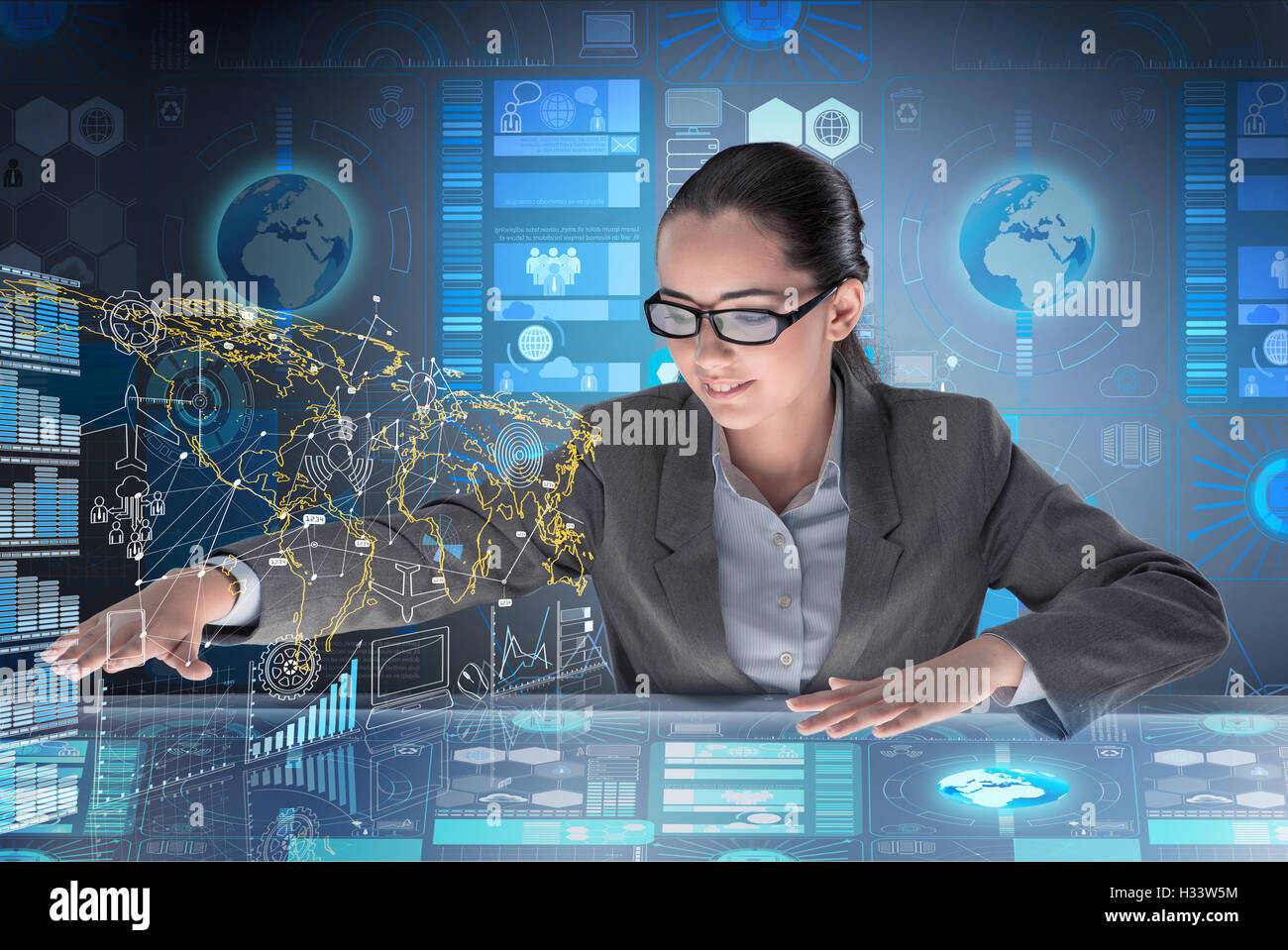 Futuristic media sharing concept with woman Stock Photo - Alamy