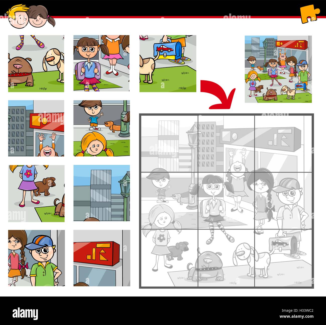 Cartoon Illustration of Education Jigsaw Puzzle Activity for Children ...
