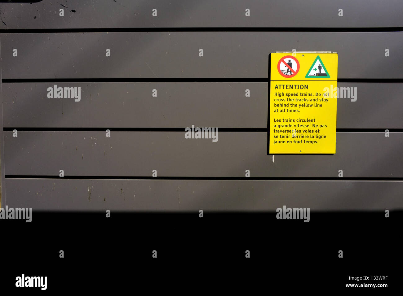 Railway warning sign on a train station in Ontario, Canada Stock Photo ...