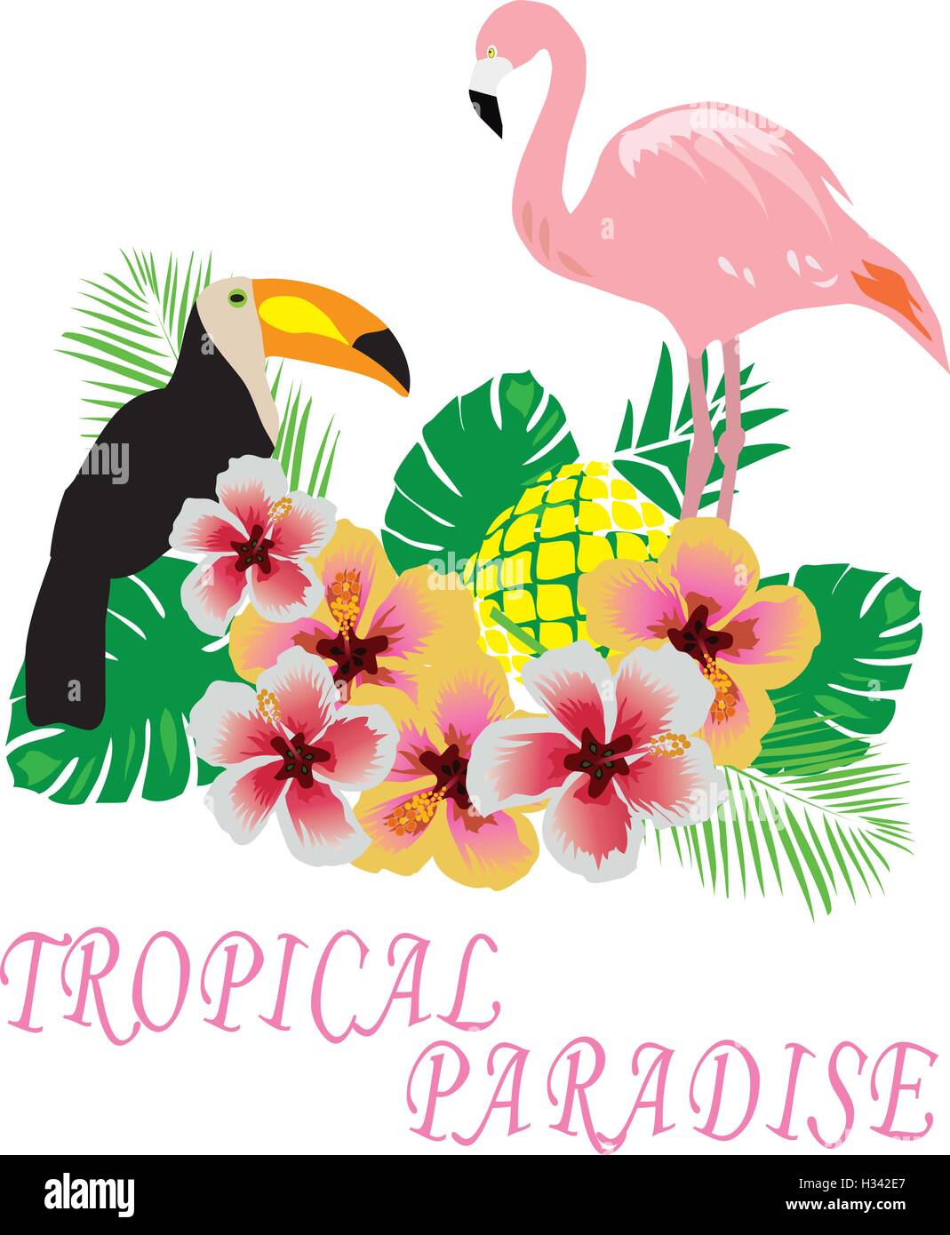 vector illustration of tropical background with flower, flamingo ...