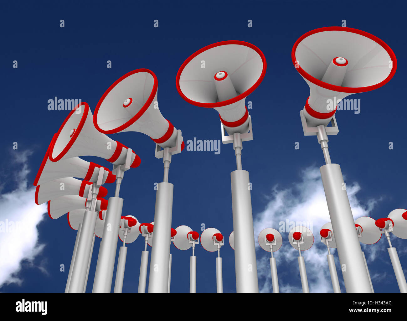 megaphones on sky background 3d illustration Stock Photo - Alamy