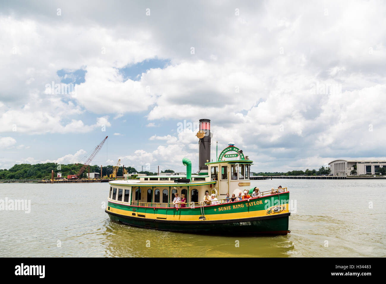 The green and yellow Susie King Taylor ferry crossing the Savannah ...