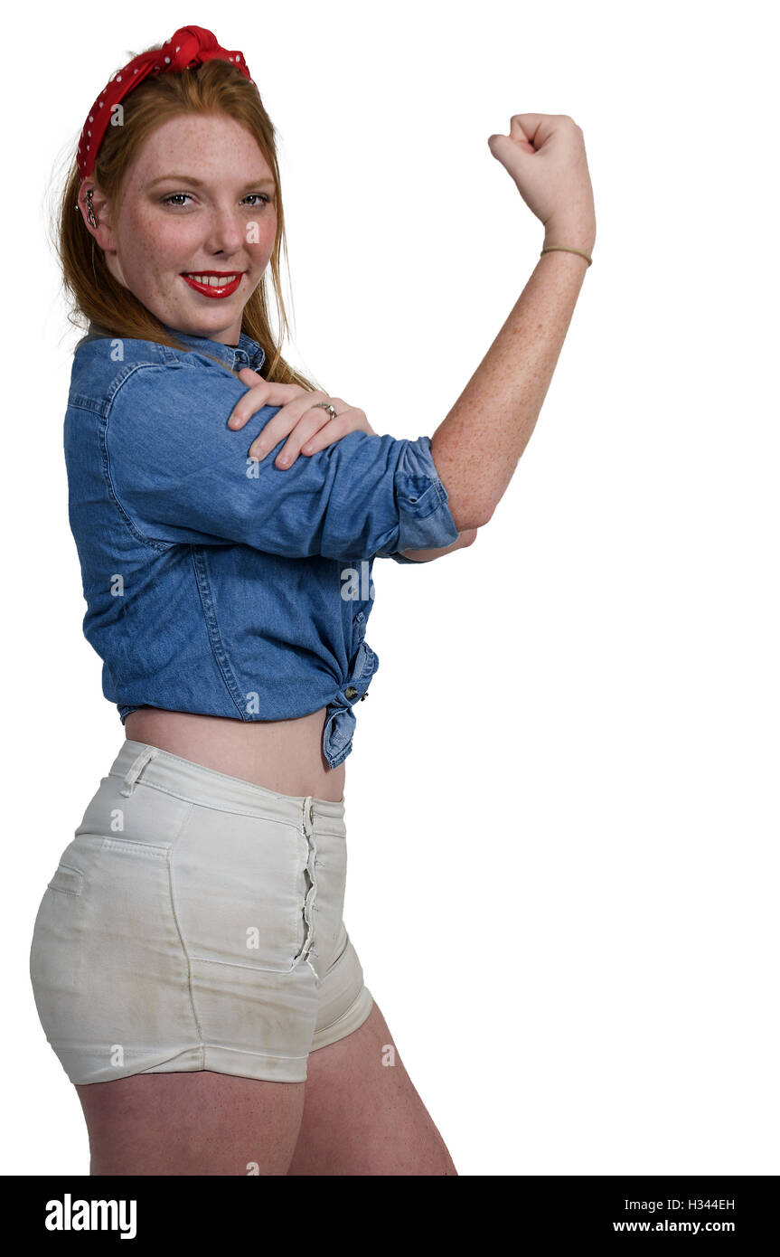 Beautiful woman dressed as the iconic Rosie the Riveter Stock Photo - Alamy