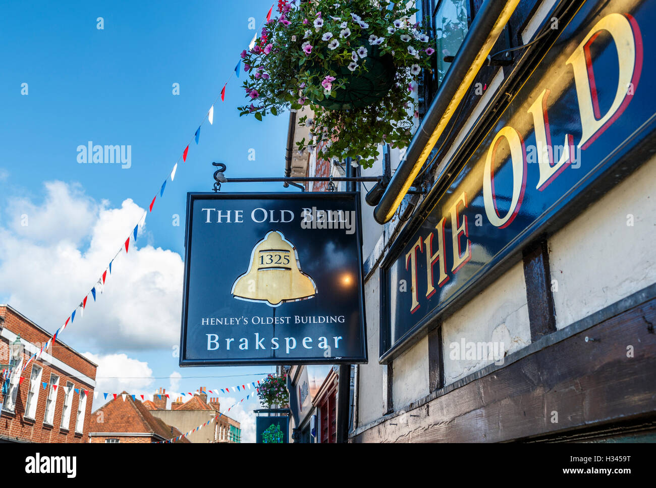 Sign outside The Old Bell, Henley's oldest building (1325), Henley on ...