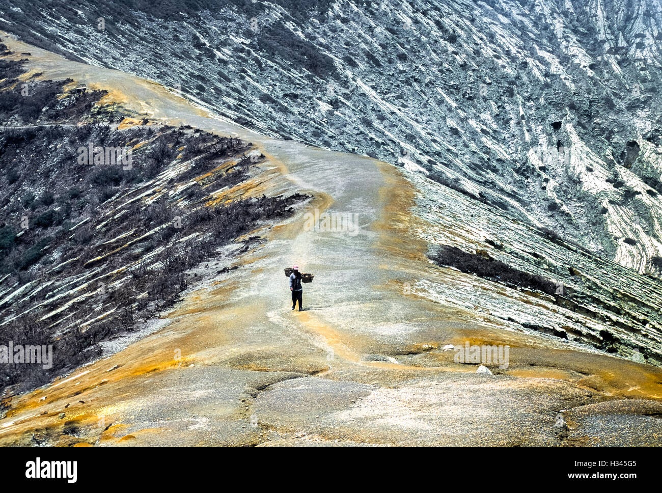 A sulfur miner walks on Mount Ijen ridge. East Java, Indonesia Stock ...