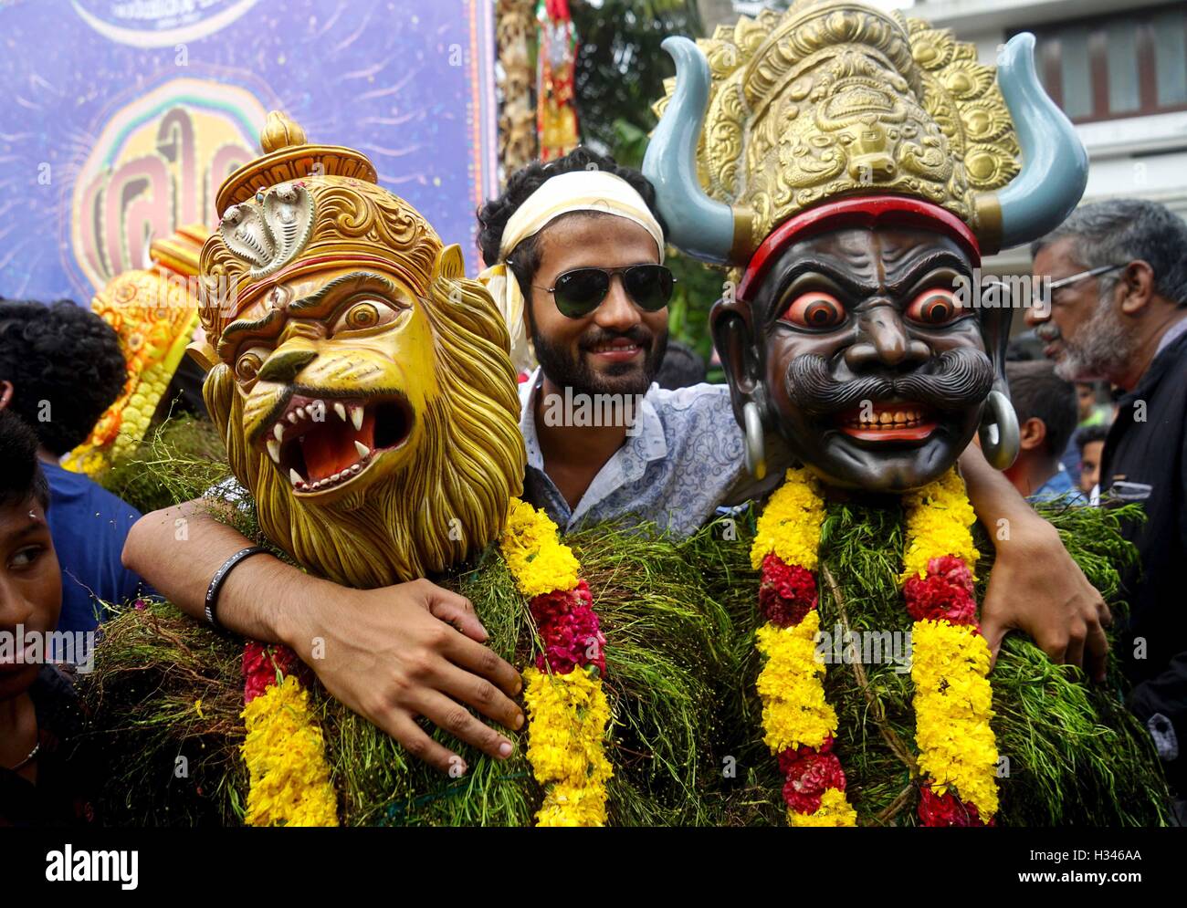 Traditional Kummatti dancers wear colourful wooden masks gods Kummatti ...