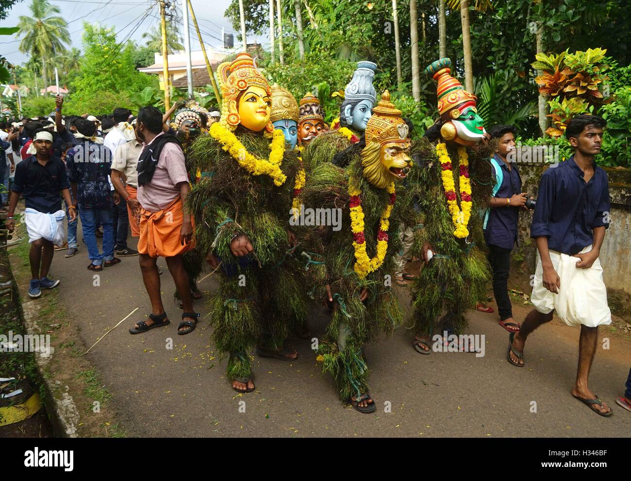 Traditional Kummatti dancers wear colourful wooden masks various Indian ...