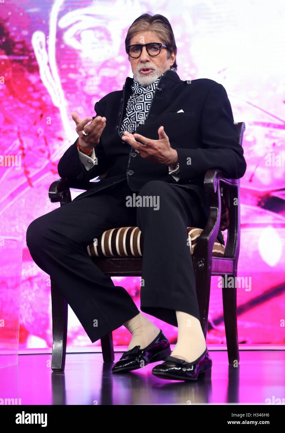 Bollywood actor Amitabh Bachchan during the media interaction of film ...