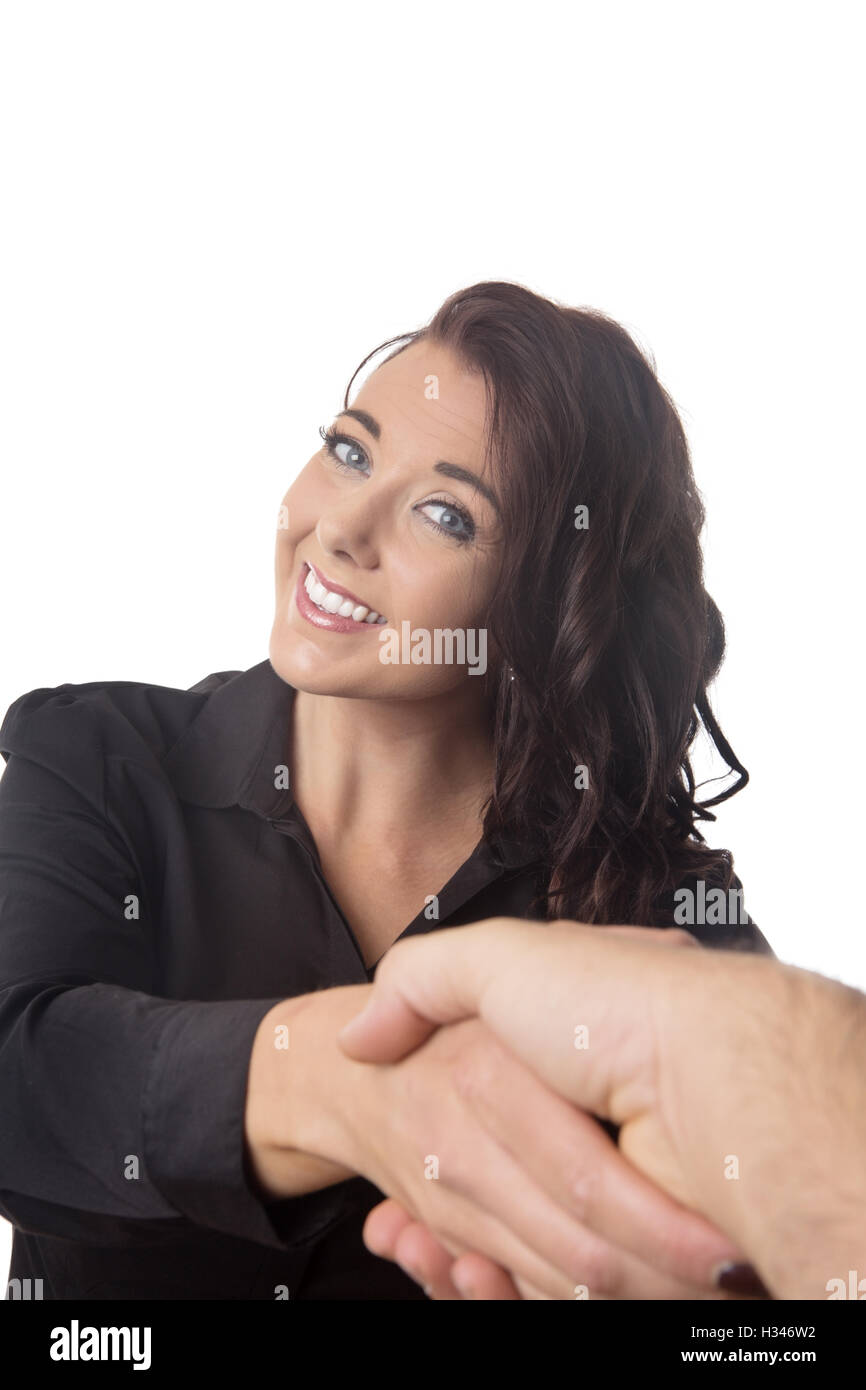happy business woman shaking someones hand in delight Stock Photo - Alamy