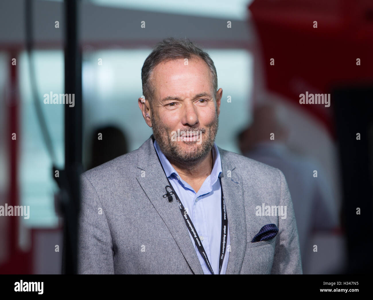 Derek Hatton being interviewed at the AAC Arena in Liverpool during the ...