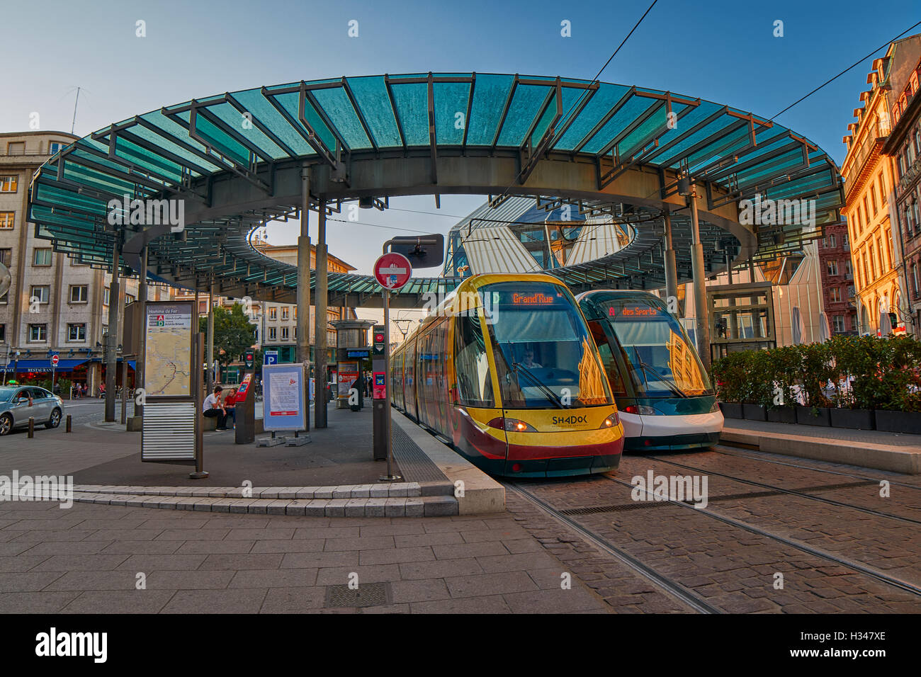 Modern Colorful Trams at a station in Strasbourg Center Stock Photo - Alamy