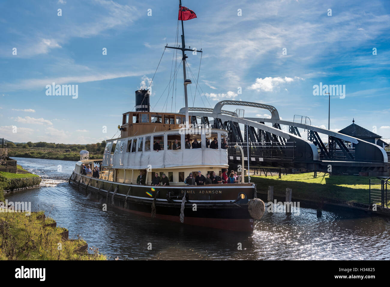 THe Daniel Adamson steam tug passing the swingbridge at Sutton Weaver ...