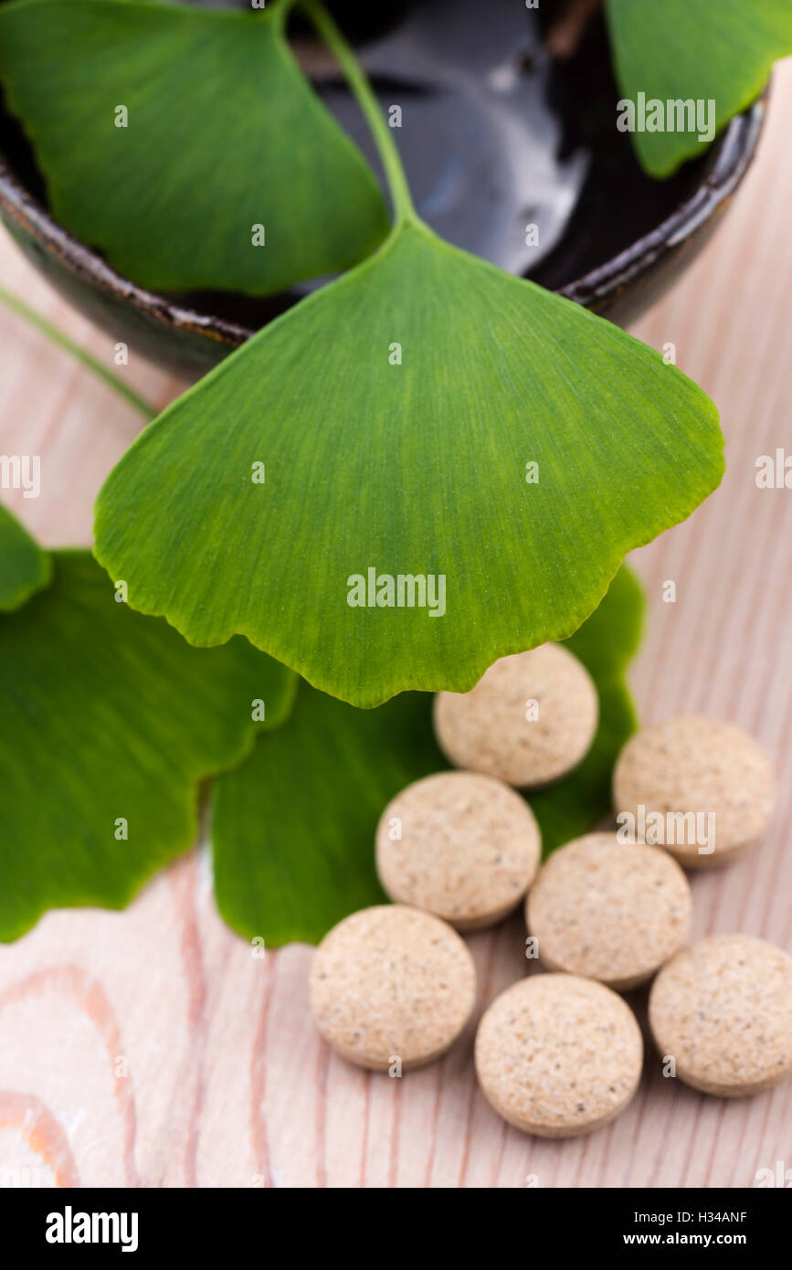 Ginkgo biloba leaves in mortar and pills Stock Photo - Alamy