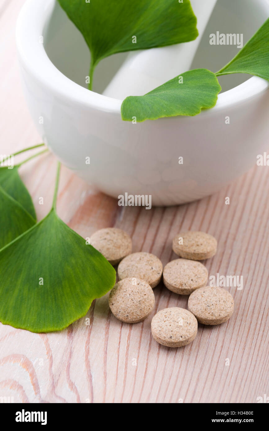 Ginkgo biloba leaves in mortar and pills Stock Photo - Alamy