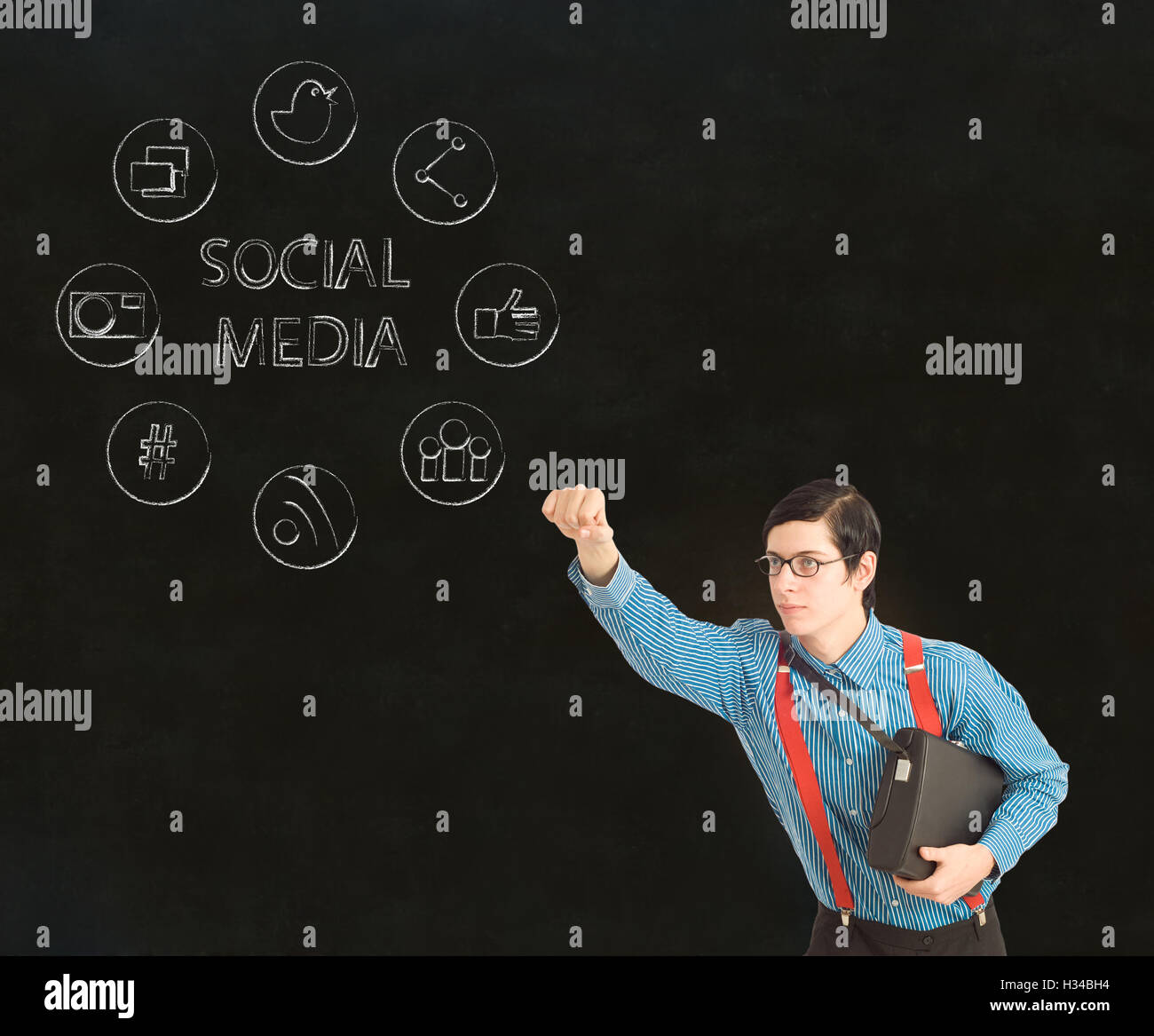 Nerd geek businessman with social media icons Stock Photo - Alamy