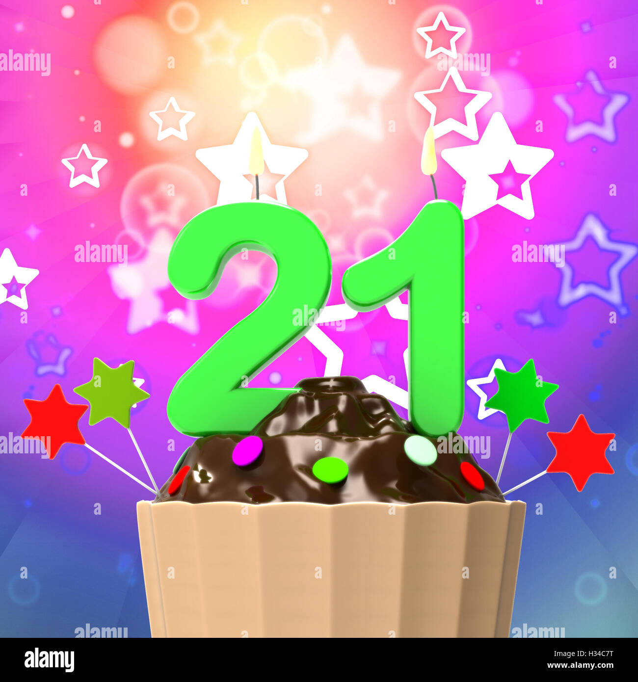 Twenty One Candle On Cupcake Means Colourful Celebration And Hap Stock ...