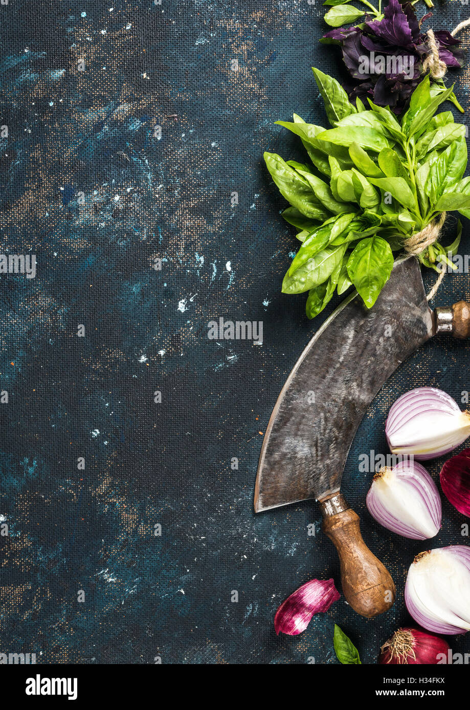 Healthy food cooking background over dark blue painted plywood texture ...