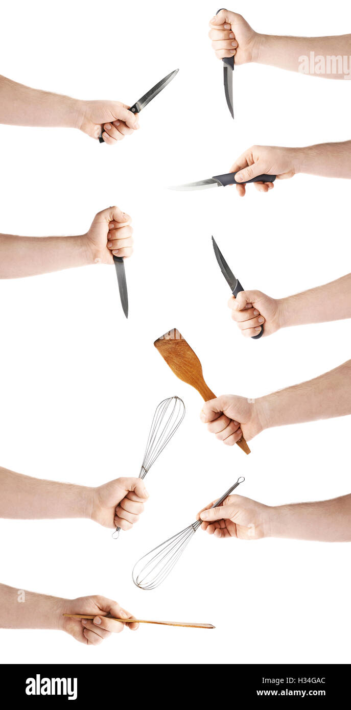 Set of hand holding a kitchen tool, composition isolated over the white ...