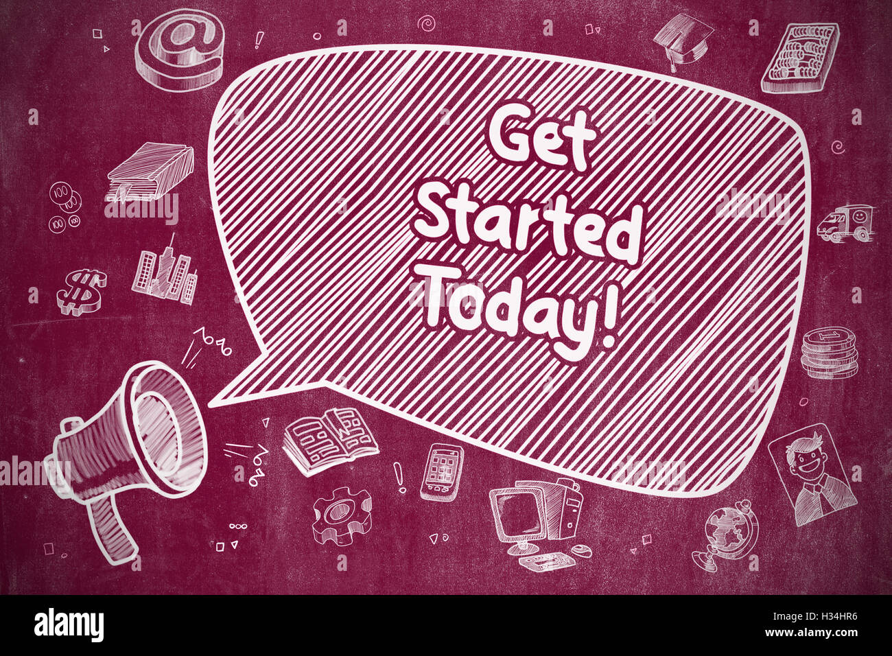 Get Started Today - Cartoon Illustration on Red Chalkboard Stock Photo ...