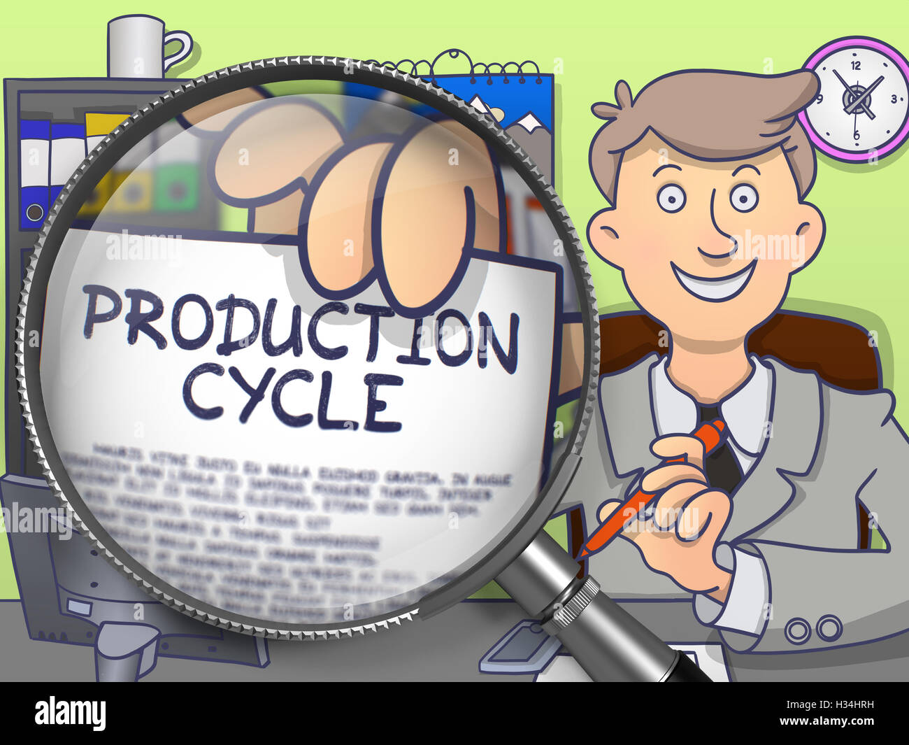 Production Cycle through Magnifier. Doodle Design Stock Photo - Alamy
