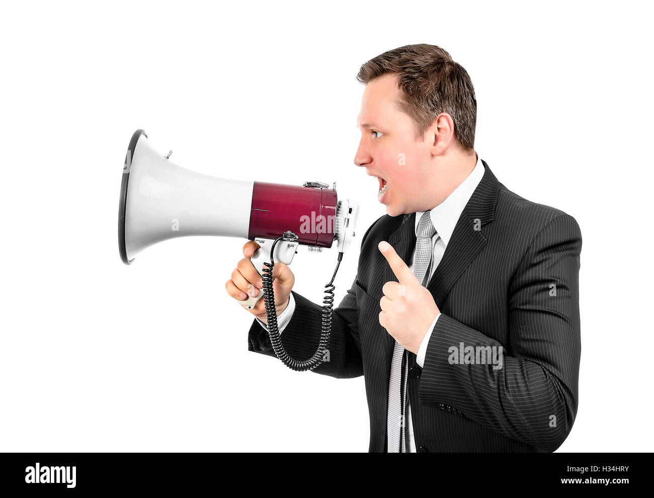 Angry boss shouting with a megaphone. Isolated on white Stock Photo - Alamy
