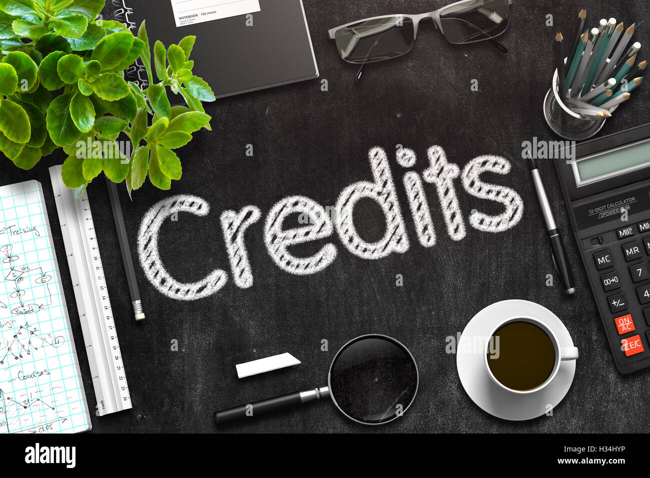 Credits on Black Chalkboard. 3D Rendering Stock Photo - Alamy