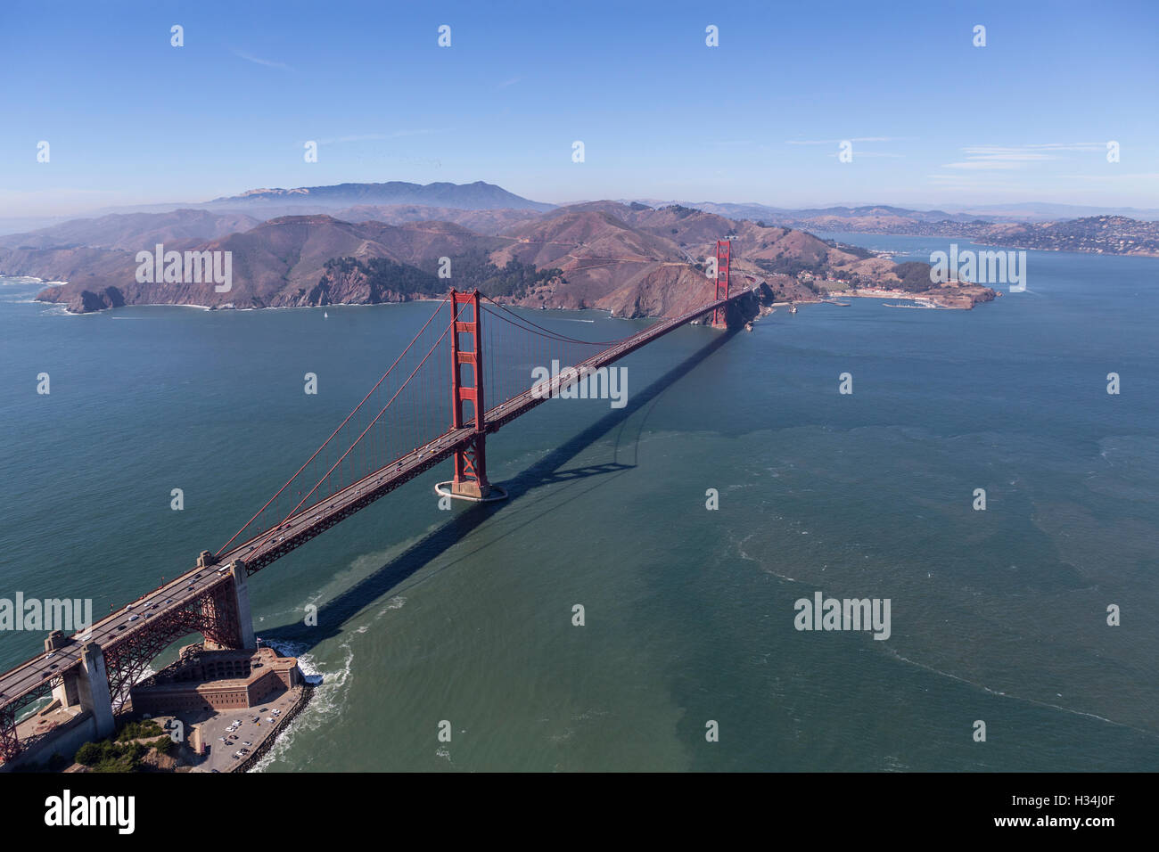 Aerial of the Golden Gate Bridge, Fort Point and Marin Headlands near ...