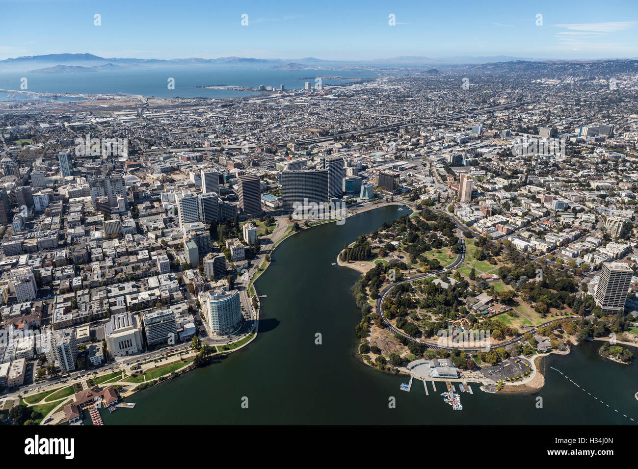 Aerial view of Oakland California and the San Francisco Bay Stock Photo ...